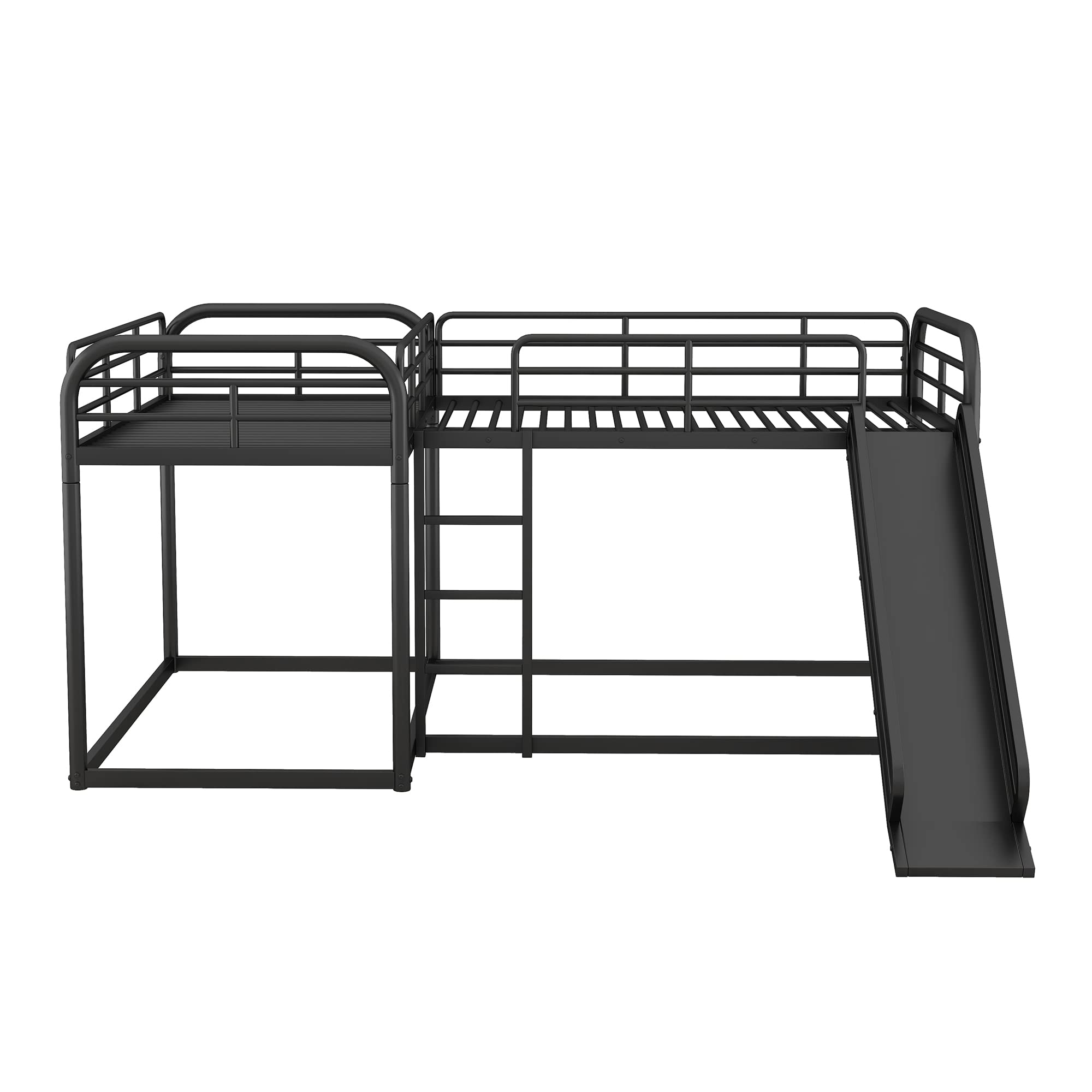 Lepfun Bunk Bed with Slide, Metal Twin Over Twin L-Shaped Bunk Bed Frame for 4, Twin Size Bunk Bed with Ladders for Kids Teens Adults (Black)