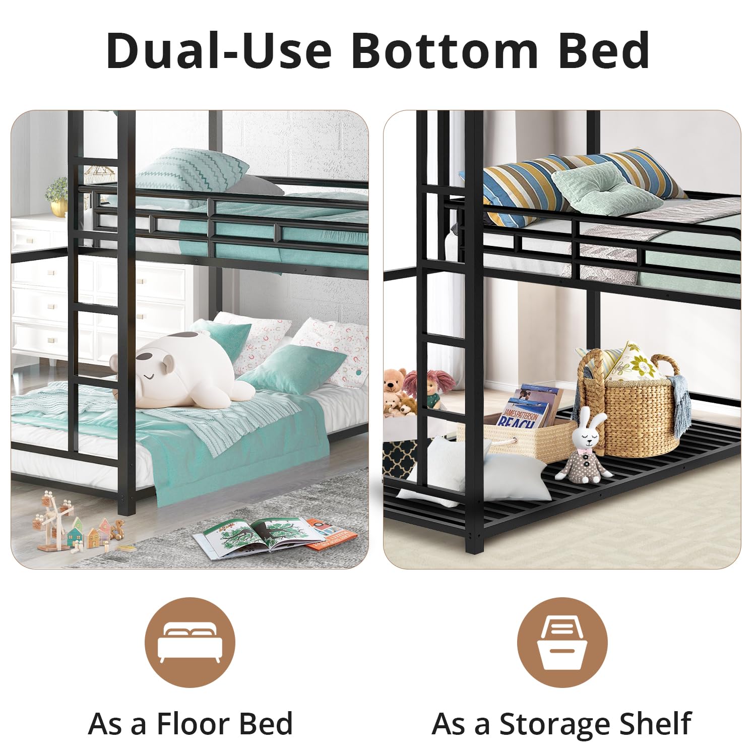 INCLAKE Metal Triple Bunk Bed, L-Shaped Bunk Bed for 3, Twin Size Bunk Bed Frame with Full-Length Guardrails & Long & Short Ladders, Space Saving Bunk Bed for Children, No Box Spring Needed, Black