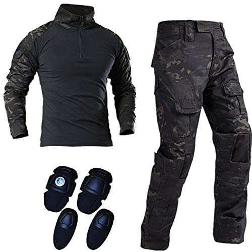 JSFOIRYROU Mens Tactical Military Suits Long Sleeve Waterproof Rip-Stop Uniforms Combat Shirt and Pants Elbow Knee Pads (Black A,Medium)