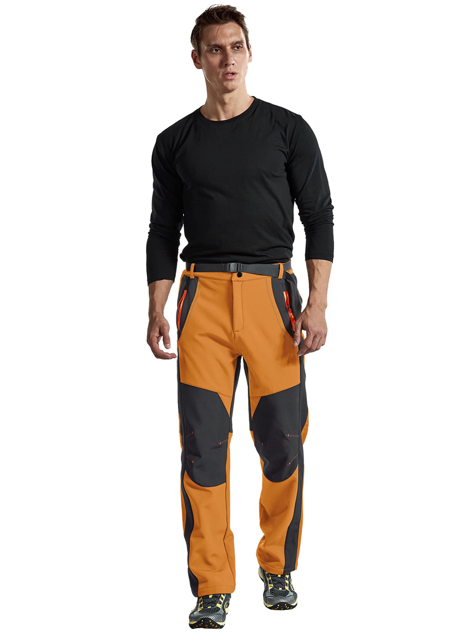 BASUDAM Men's Outdoor Pants Snow Waterproof Winter Insulated Fleece Lined Softshell with Belt Orange M