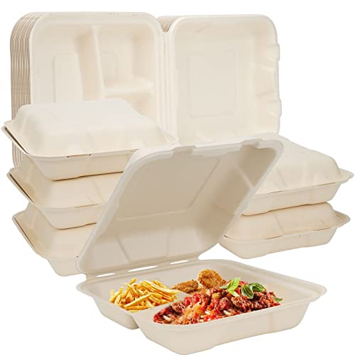 Kaderron 50 Pack 8 Inch To Go Containers Clamshell Food Containers 34 OZ, 3 Compartment Take Out Boxs Microwave Safe for Food Servicing