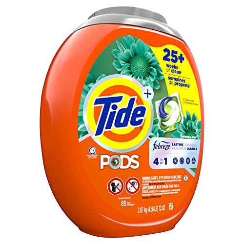 Tide PODS Liquid Laundry Detergent Soap Pacs, 4-n-1 with Febreze, HE Compatible, 85 Count, Lasting Freshness, Botanical Rain Scent