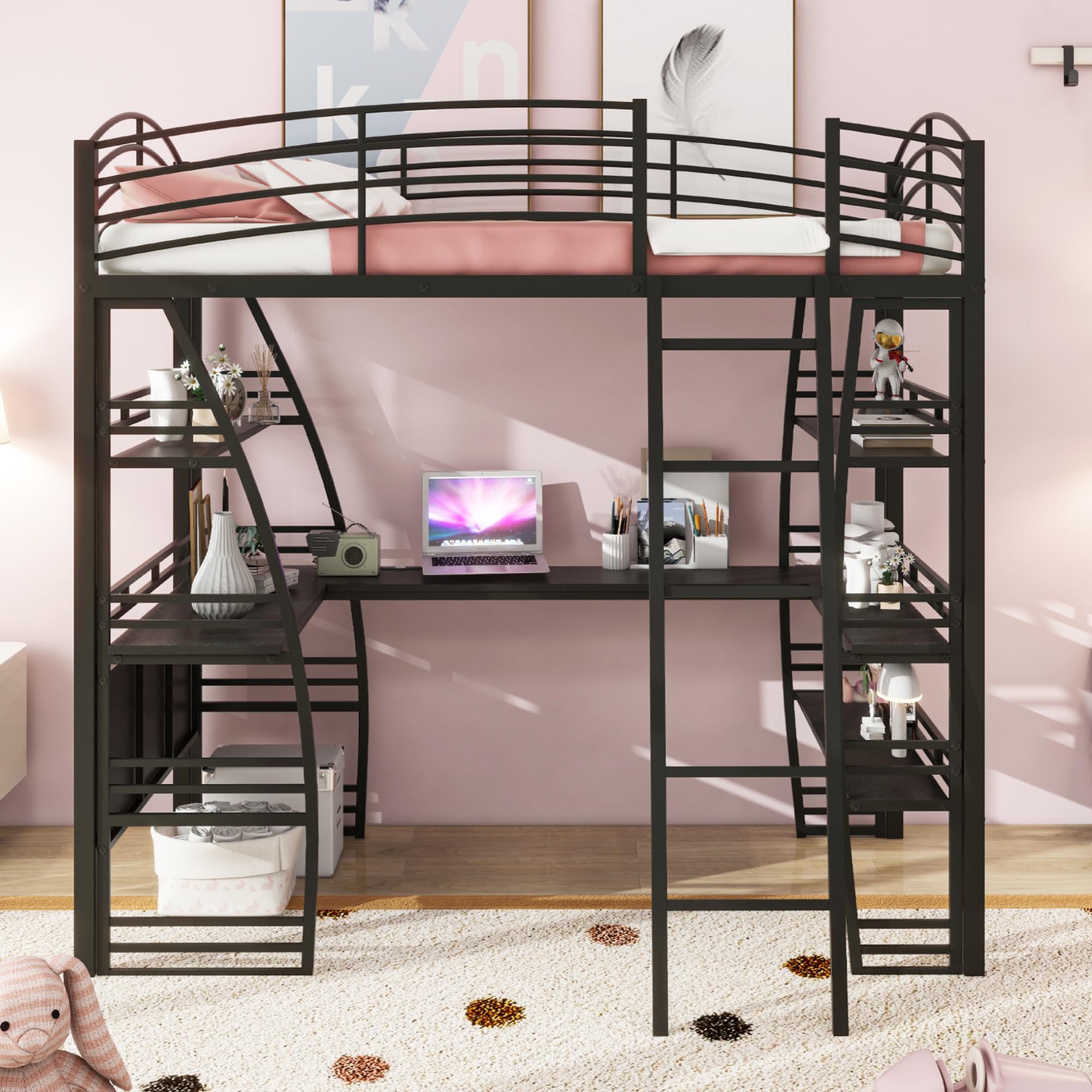 Harper & Bright Designs Metal Twin Size Loft Bed with L-Shaped Desk and Storage Shelves, Twin Loft Bed with USB Ports and Wireless Charging, High Junior Loft Bed Frame for Kids Boys Girls,Black