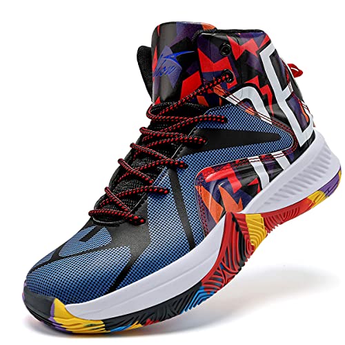 ASHION Kids Basketball Shoes Boys Girls High Top Sneakers Non Slip Running Shoes for Unisex Kids Camo Blue Red Big Kid Size 9.5