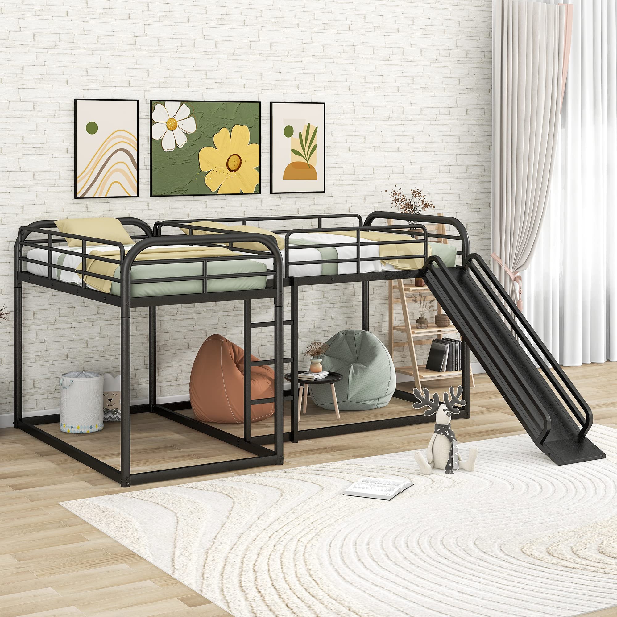 Lepfun Bunk Bed with Slide, Metal Twin Over Twin L-Shaped Bunk Bed Frame for 4, Twin Size Bunk Bed with Ladders for Kids Teens Adults (Black)