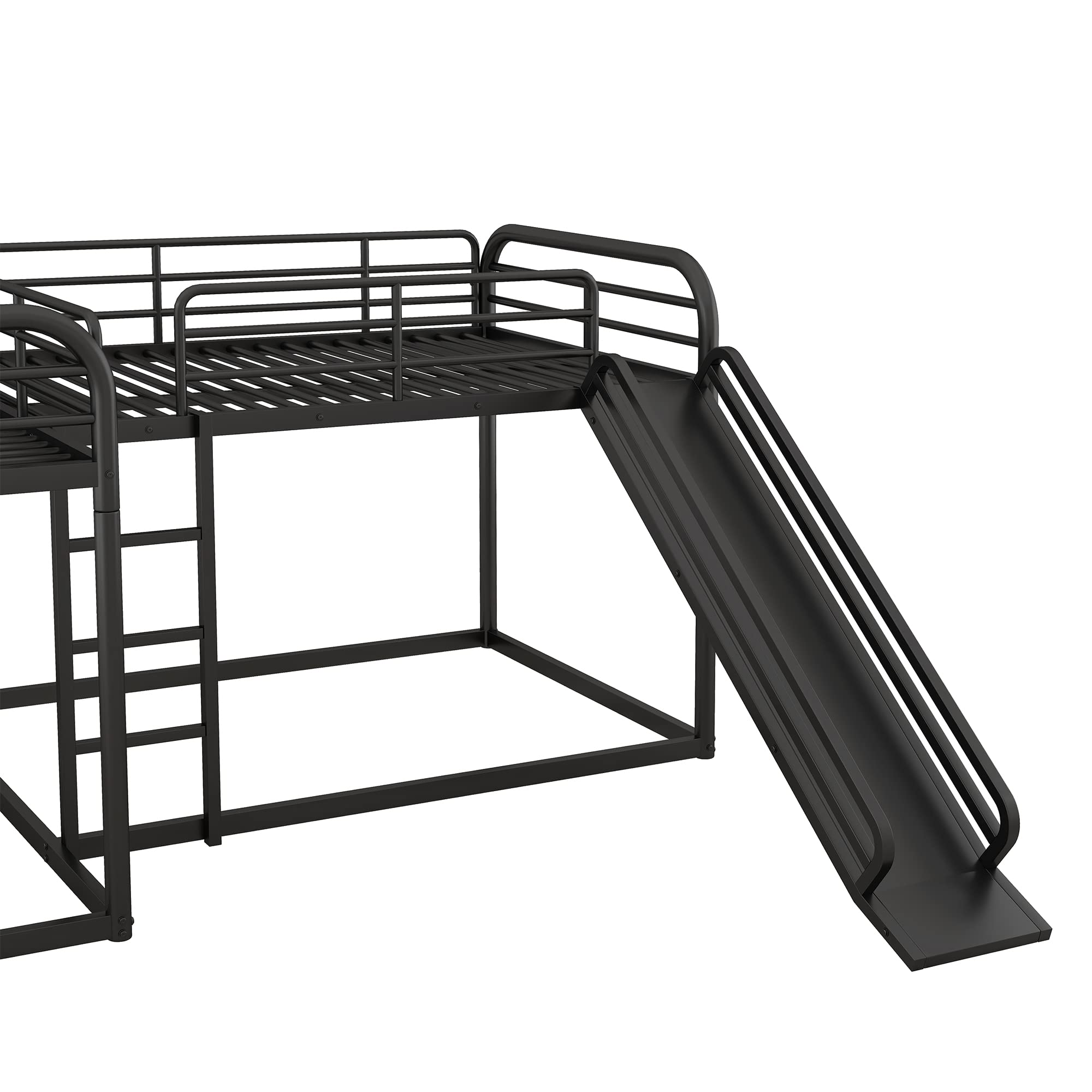 Lepfun Bunk Bed with Slide, Metal Twin Over Twin L-Shaped Bunk Bed Frame for 4, Twin Size Bunk Bed with Ladders for Kids Teens Adults (Black)