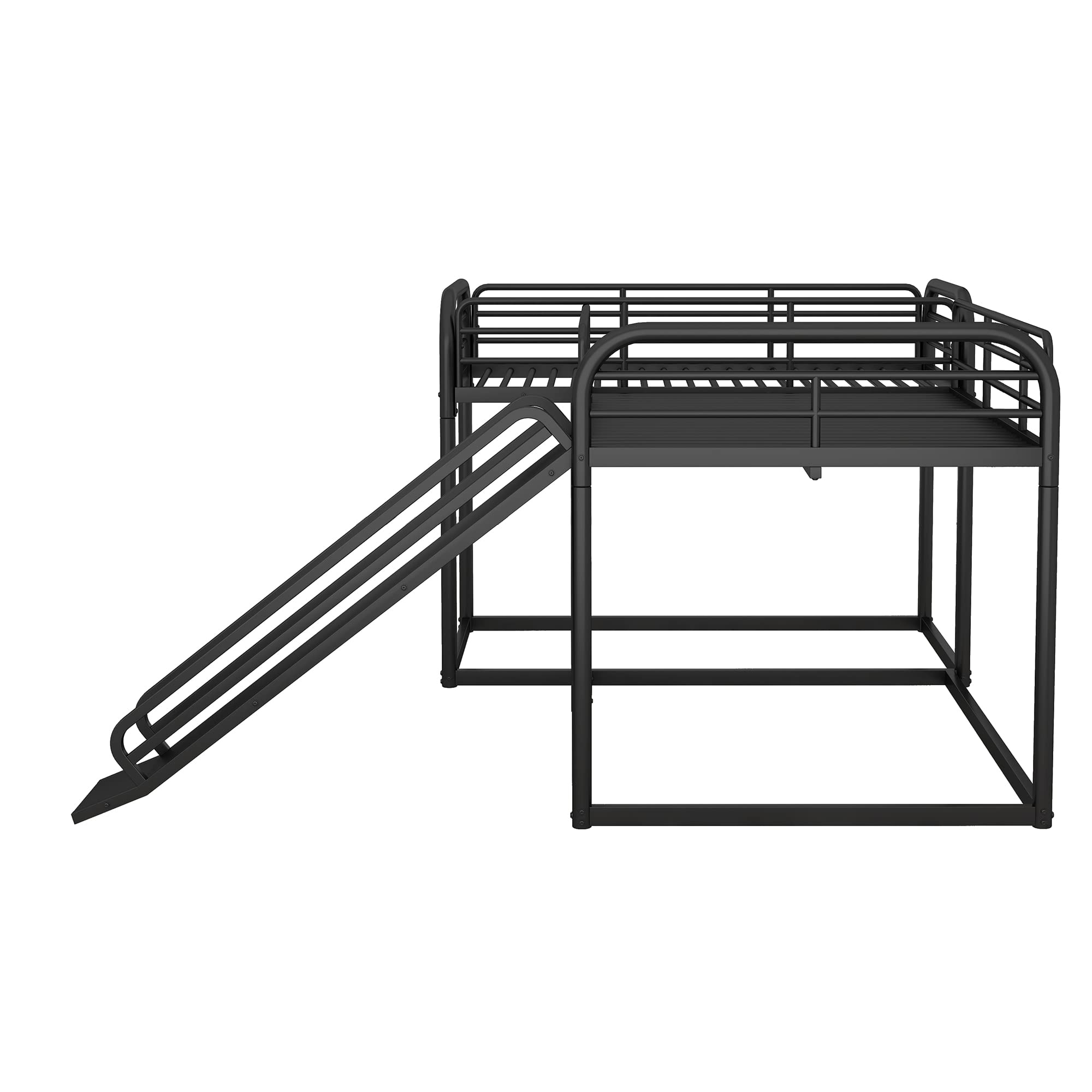 Lepfun Bunk Bed with Slide, Metal Twin Over Twin L-Shaped Bunk Bed Frame for 4, Twin Size Bunk Bed with Ladders for Kids Teens Adults (Black)