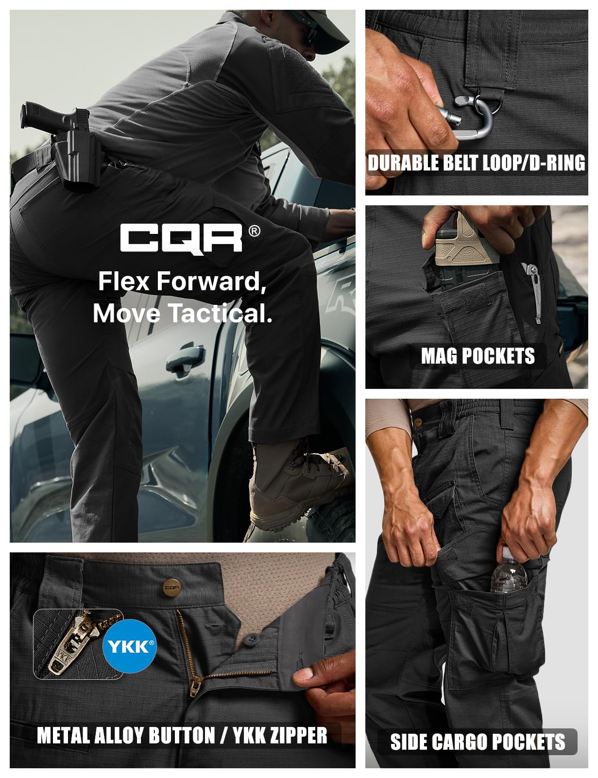 CQR Men's Flex Ripstop Tactical Cargo Pants, Water Resistant Stretch, Lightweight EDC Hiking Work Pants, Dura Flex Mag Pocket, Black, 38W x 30L