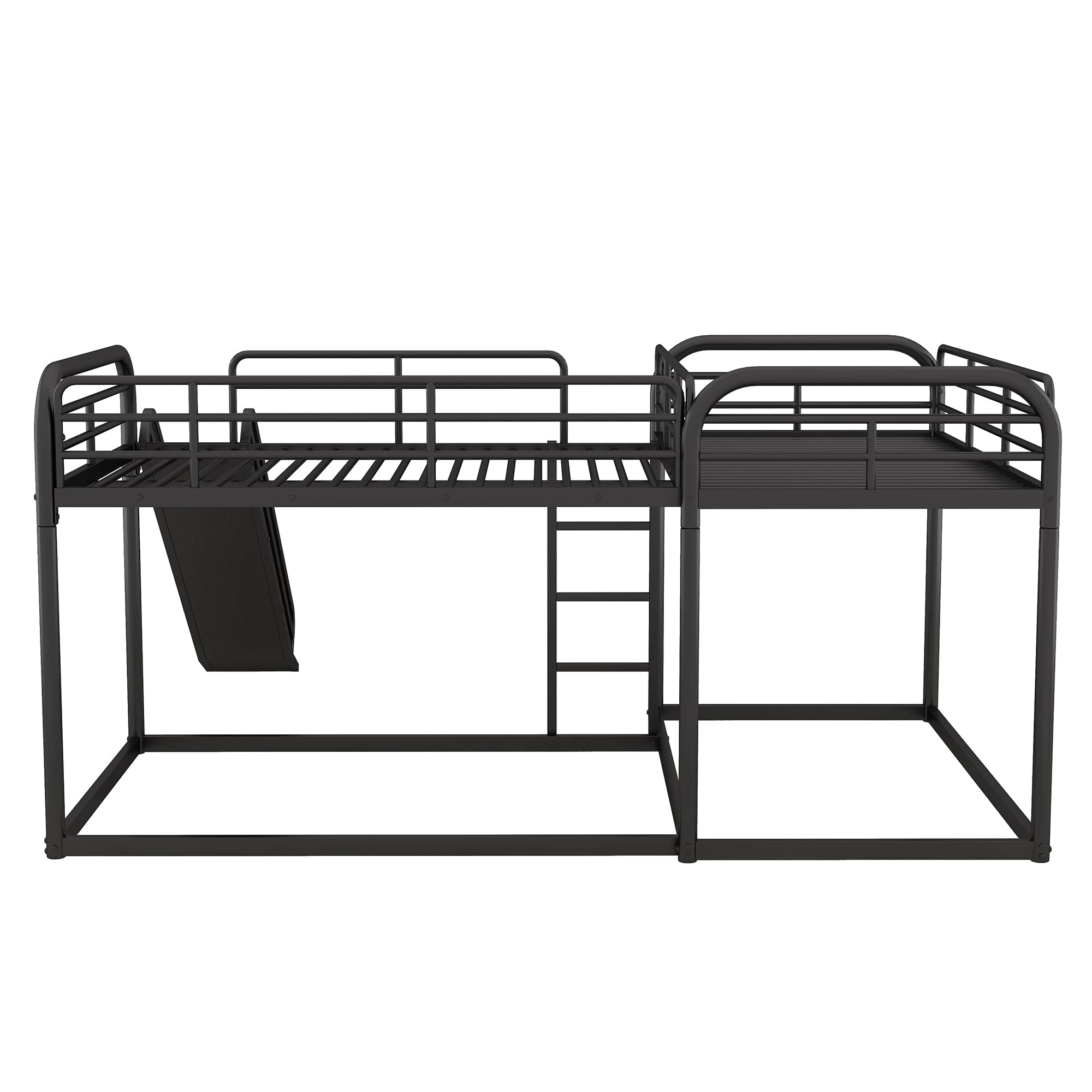 Lepfun Bunk Bed with Slide, Metal Twin Over Twin L-Shaped Bunk Bed Frame for 4, Twin Size Bunk Bed with Ladders for Kids Teens Adults (Black)