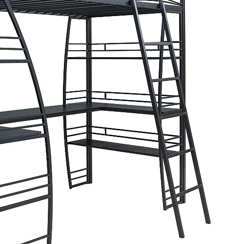 FANYHOME Twin Size Loft Bed with 4 Layers of Shelves and L-Shaped Desk, Stylish Metal Frame Bed with a Set of Sockets, USB Ports and Wireless Charging, Black