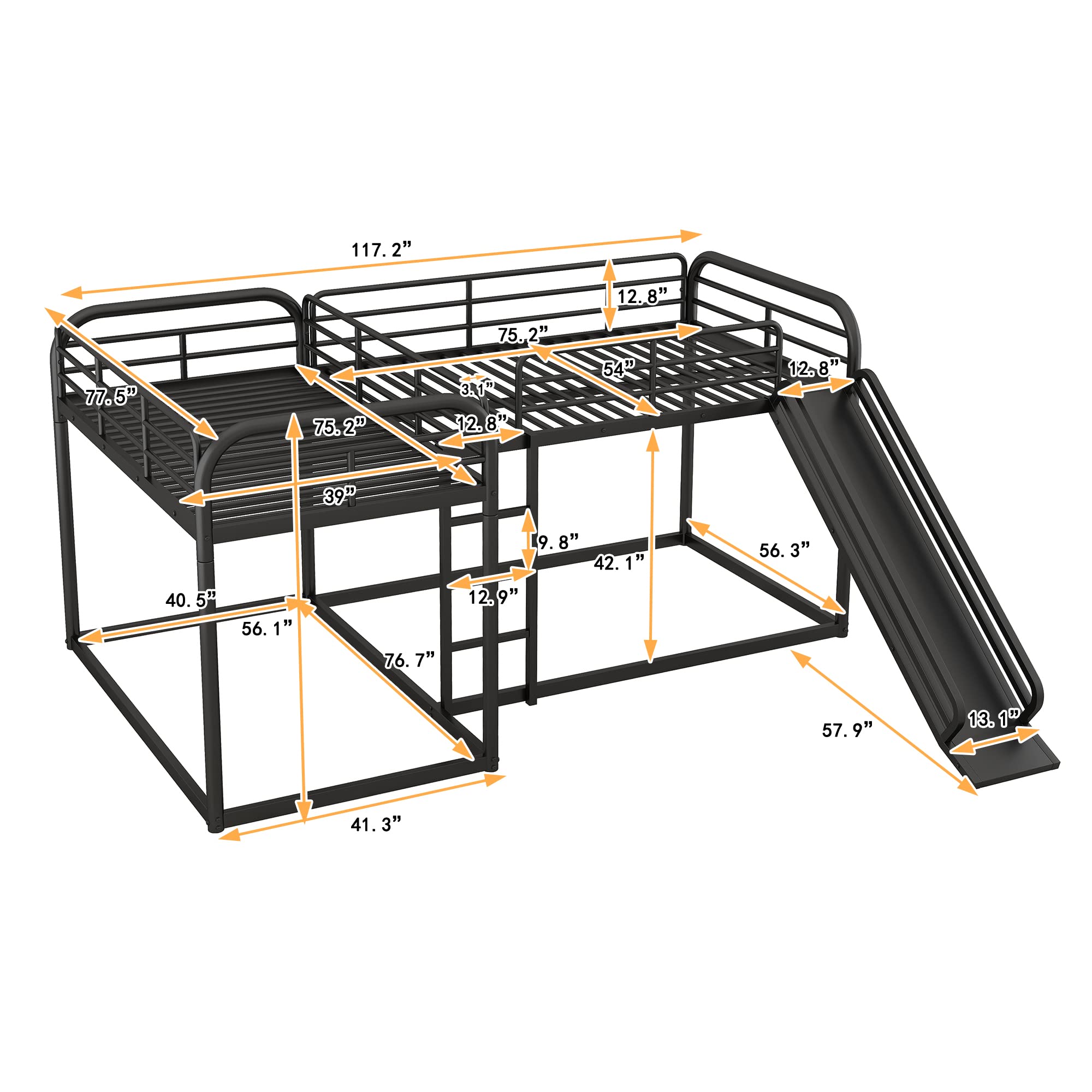 Lepfun Bunk Bed with Slide, Metal Twin Over Twin L-Shaped Bunk Bed Frame for 4, Twin Size Bunk Bed with Ladders for Kids Teens Adults (Black)