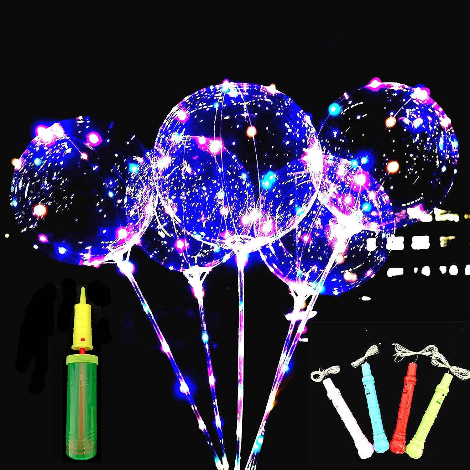 LED Light Up Bobo Balloons with Sticks 6 Packs, Flashing Handles,20 Inches Transparent Bubble Balloons,70 cm Sticks, Event Birthday Party Decoration