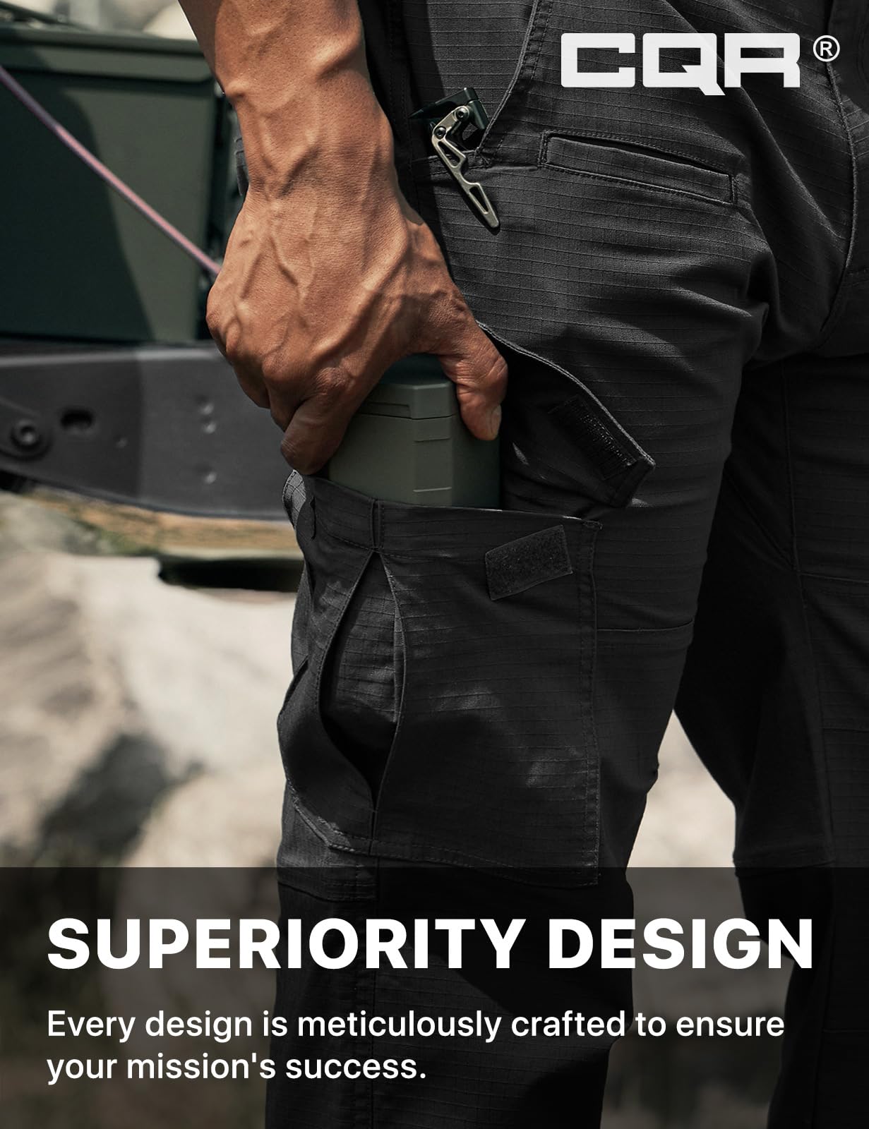 CQR Men's Flex Ripstop Tactical Cargo Pants, Water Resistant Stretch, Lightweight EDC Hiking Work Pants, Dura Flex Mag Pocket, Black, 38W x 30L