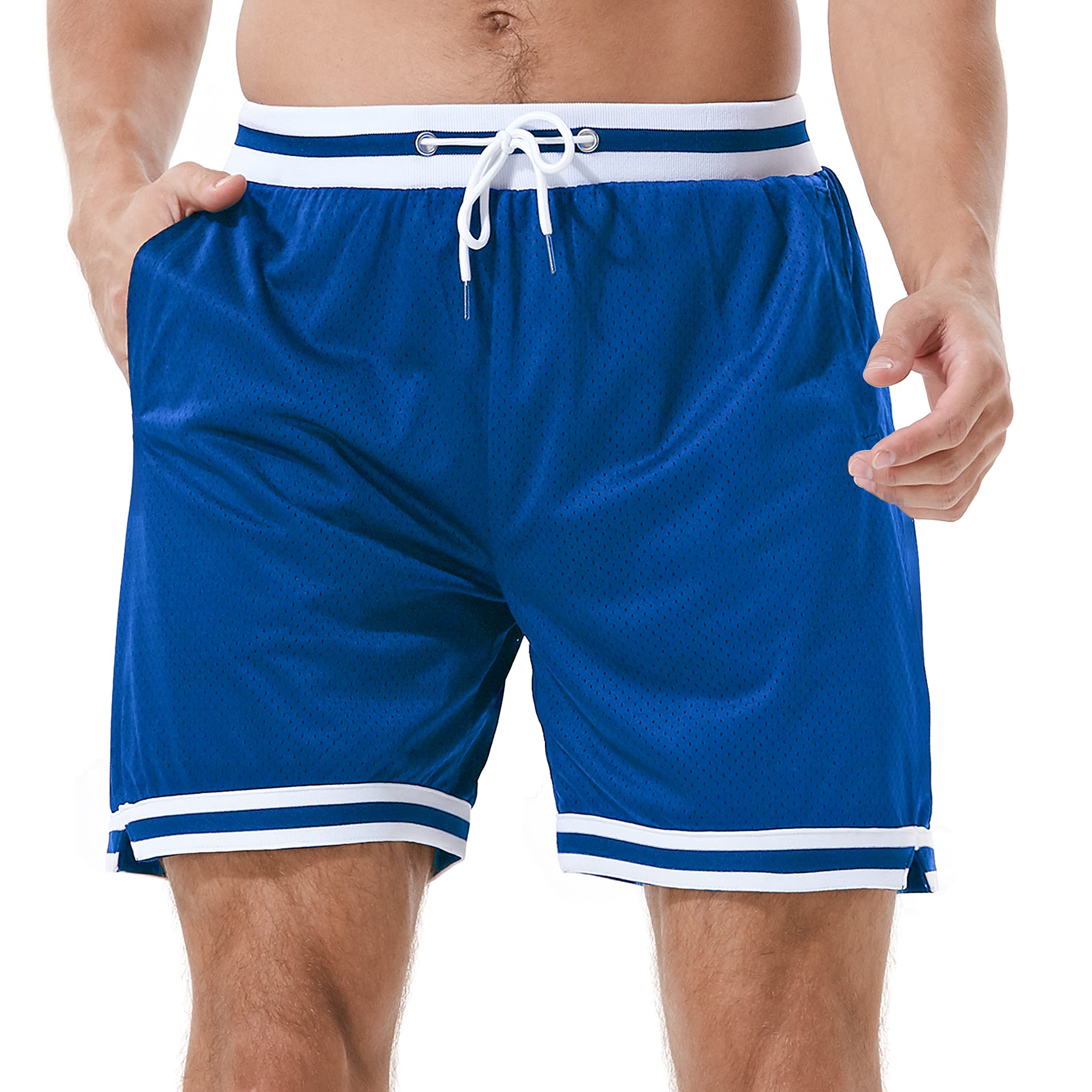 HEALONG Basketball Athletic Shorts Men - Mesh Gym Sports Workout Training Elastic Drawstring Retro Casual Comfortable Fashion Short with Pockets (Blue, M)