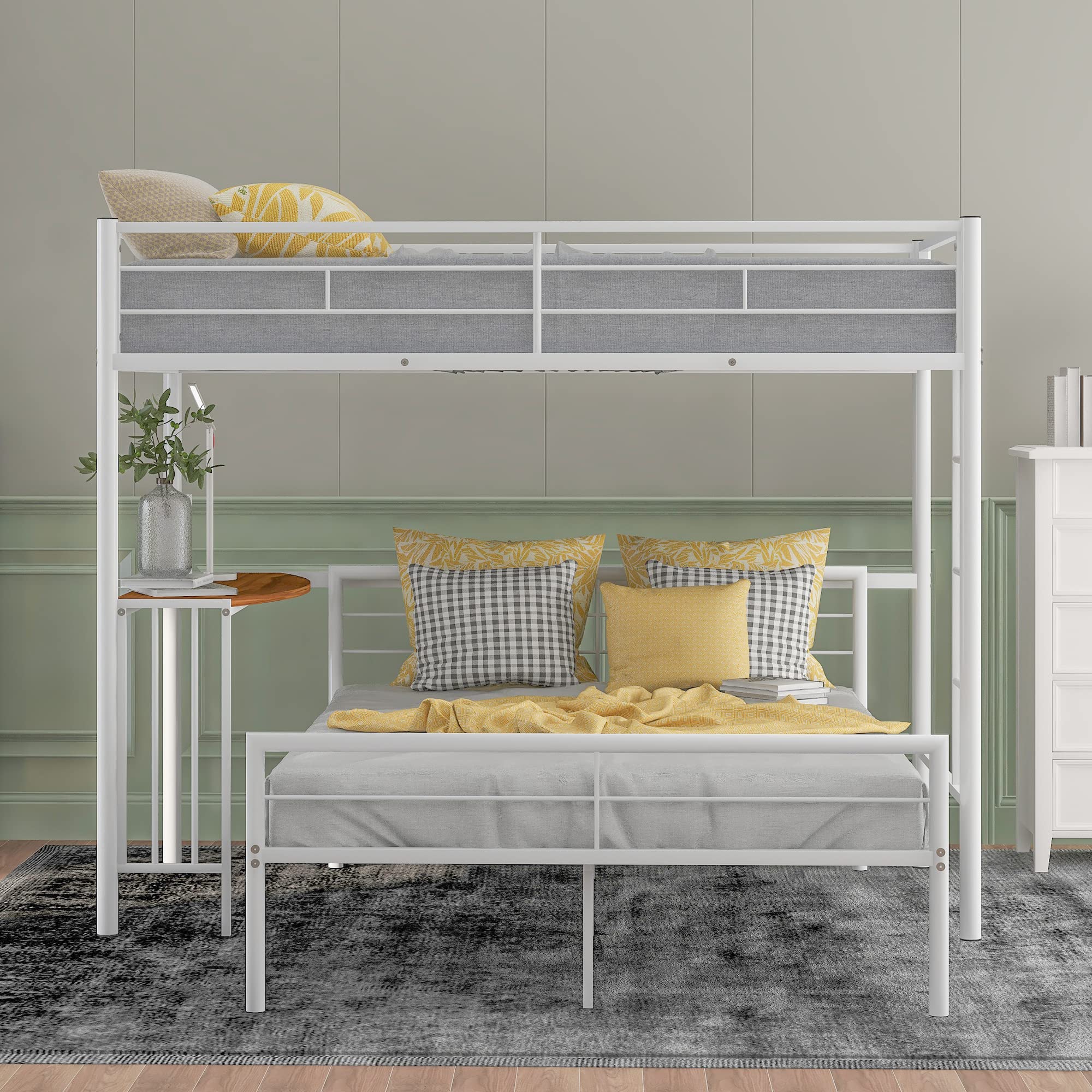 BIADNBZ Twin Over Full Metal Bunk Bed with Desk, Steel L Shaped Bedframe w/Ladder and Quality Slats for Kids, Adults, No Box Spring Needed, Metallic White