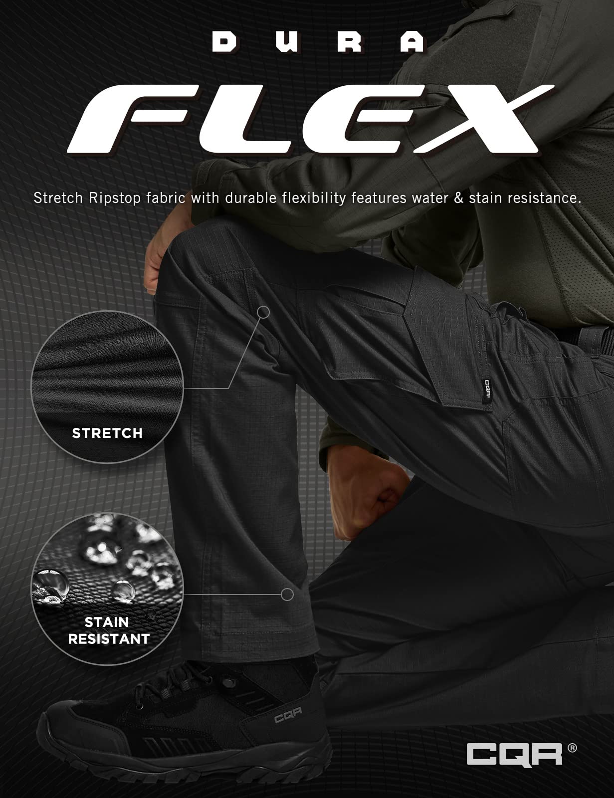 CQR Men's Flex Ripstop Tactical Cargo Pants, Water Resistant Stretch, Lightweight EDC Hiking Work Pants, Dura Flex Mag Pocket, Black, 38W x 30L