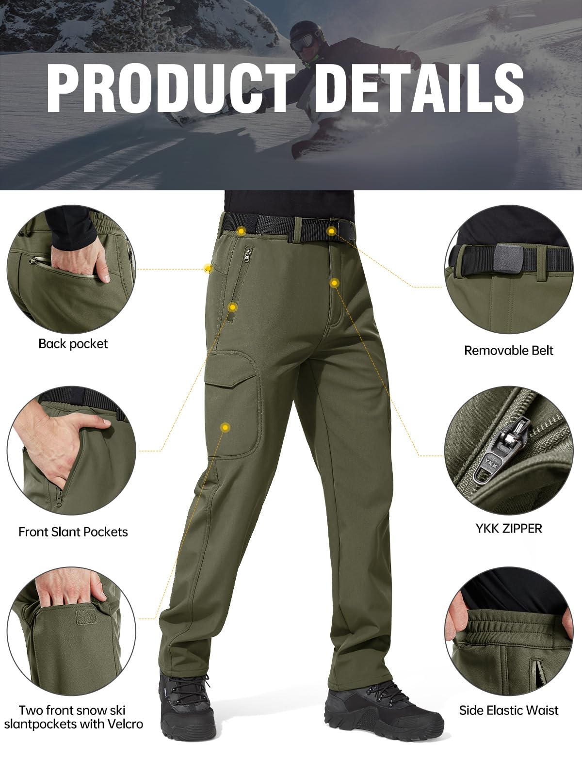 FREE SOLDIER Men's Outdoor Softshell Fleece Lined Cargo Pants Snow Ski Hiking Pants with Belt (Army Green 34W x 30L)