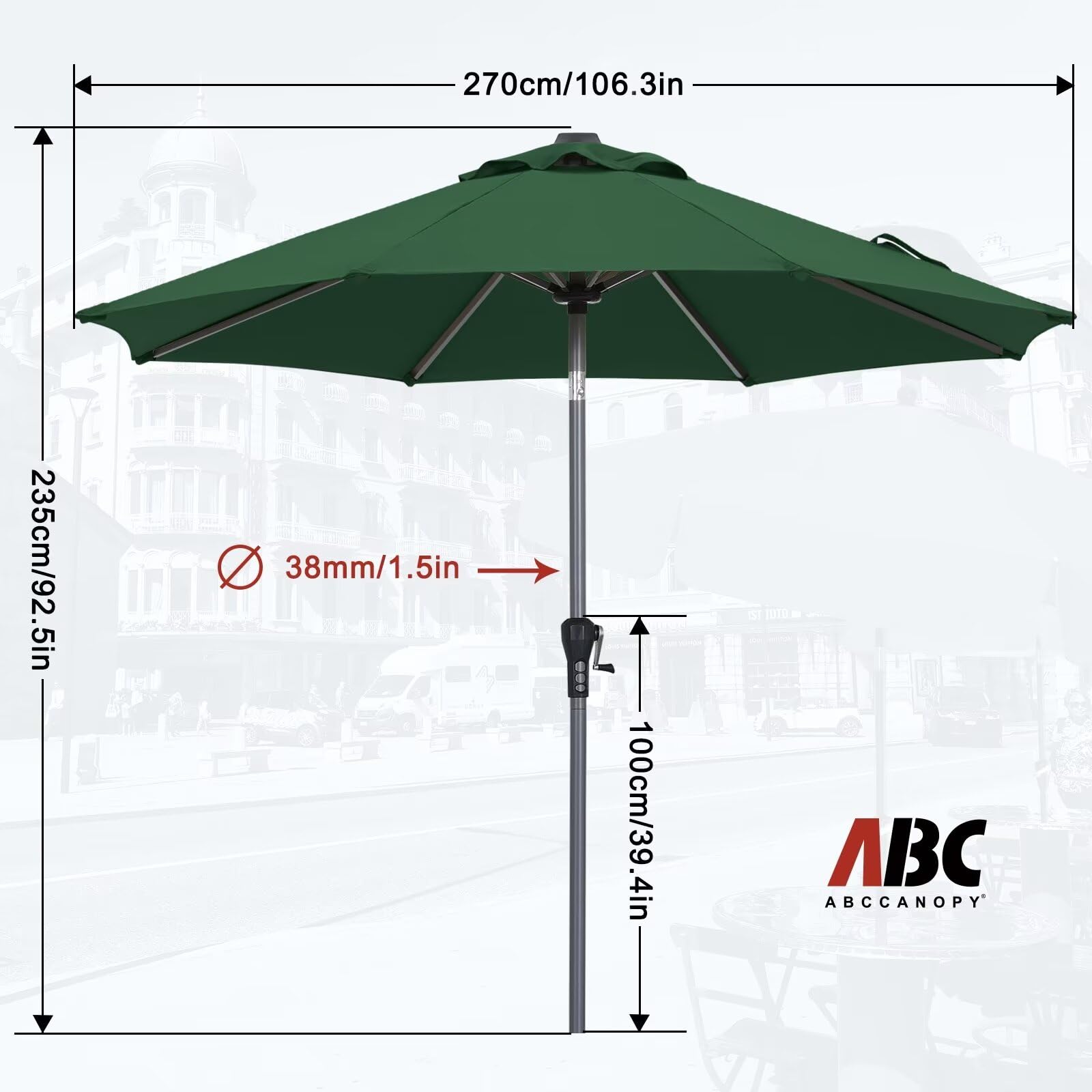 ABCCANOPY 9FT Market Umbrella 3-Year-Non-Fading OLEFIN Canopy Patio Outdoor Aluminum Table Umbrella with 8 Sturdy Ribs, Forest Green