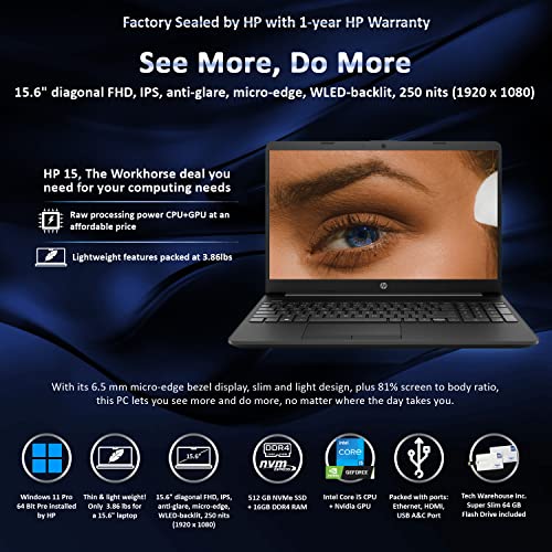 HP 15 Laptop 2022 Intel Core i5-1135G7, Nvidia MX350 2GB, 512GB NVMe SSD, 16GB RAM, Win 11 Pro, 15.6" FHD(non-touch), Jet Black, light weight 3.86lbs, long battery life, 64GB Tech Warehouse Flashdrive