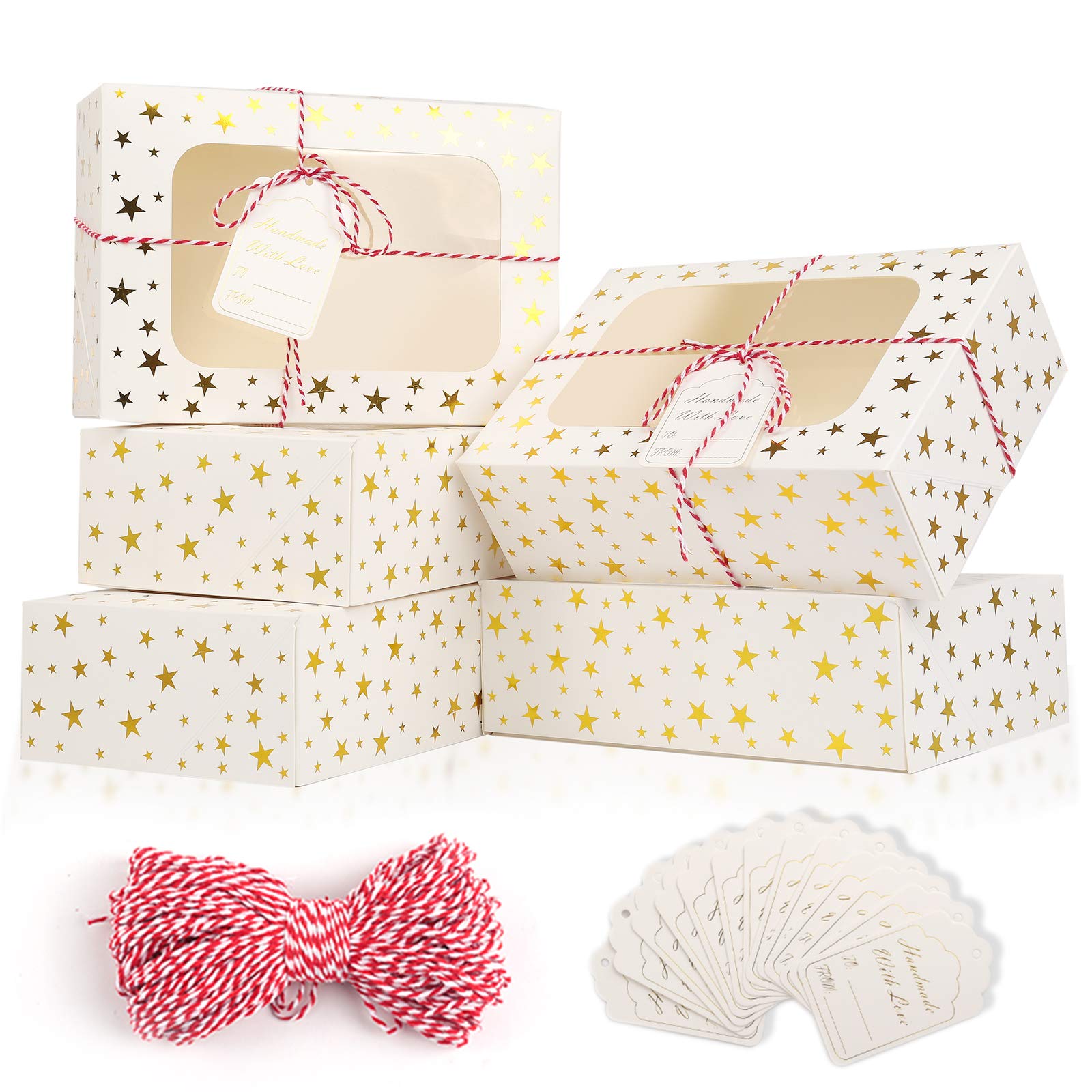 CHOUNYEE 24 PCS Christmas Cookie Boxes for Gift Giving, 9x6x3 Golden Star Christmas Treat Boxes with Window, Auto-Up Holiday Cookie Boxes,Baking Goods Packaging Box for Desserts, Mini Cake, Donuts