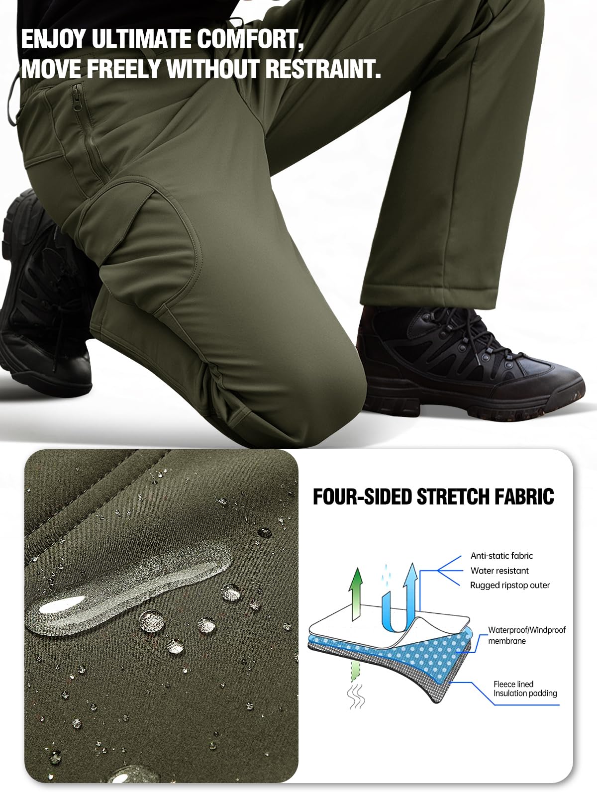 FREE SOLDIER Men's Outdoor Softshell Fleece Lined Cargo Pants Snow Ski Hiking Pants with Belt (Army Green 34W x 30L)