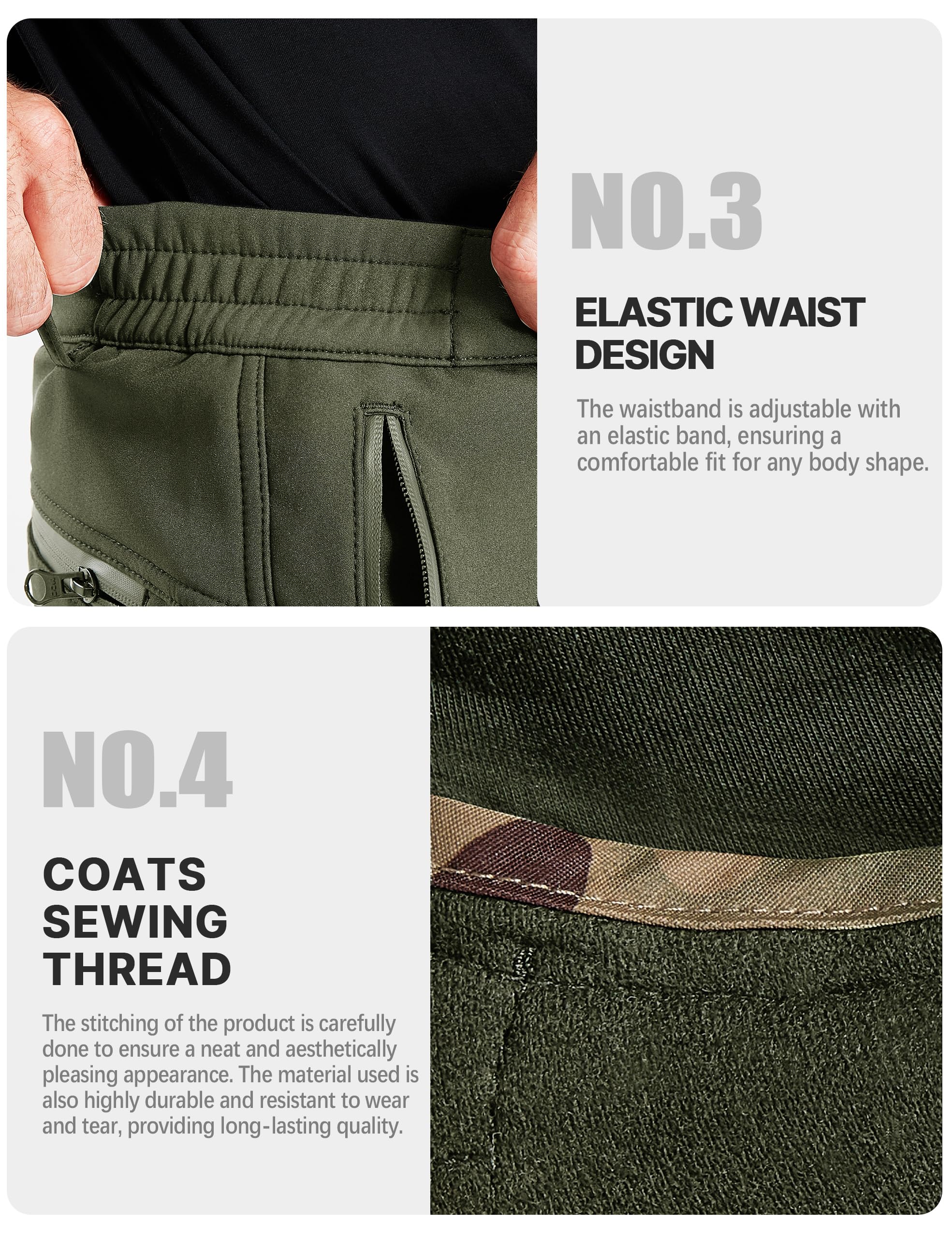 FREE SOLDIER Men's Outdoor Softshell Fleece Lined Cargo Pants Snow Ski Hiking Pants with Belt (Army Green 34W x 30L)