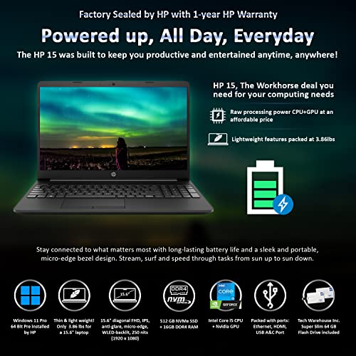 HP 15 Laptop 2022 Intel Core i5-1135G7, Nvidia MX350 2GB, 512GB NVMe SSD, 16GB RAM, Win 11 Pro, 15.6" FHD(non-touch), Jet Black, light weight 3.86lbs, long battery life, 64GB Tech Warehouse Flashdrive