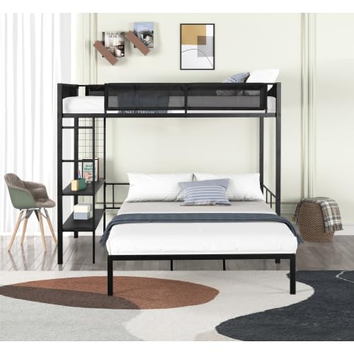 AnwickNomo Modern Metal Twin Over Full Bunk Beds,L-Shaped Bunk Bed Frame w/Full-Length Guardrails&Ladder, Loft Bed w/Book Shelves & Grid Panel for Boys Girls Teens, Noise-Free, (Black I)