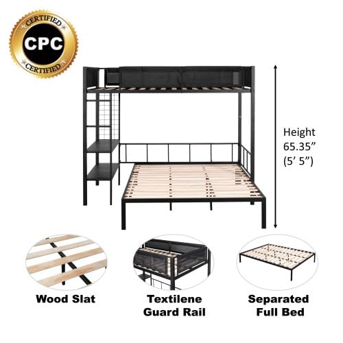 AnwickNomo Modern Metal Twin Over Full Bunk Beds,L-Shaped Bunk Bed Frame w/Full-Length Guardrails&Ladder, Loft Bed w/Book Shelves & Grid Panel for Boys Girls Teens, Noise-Free, (Black I)