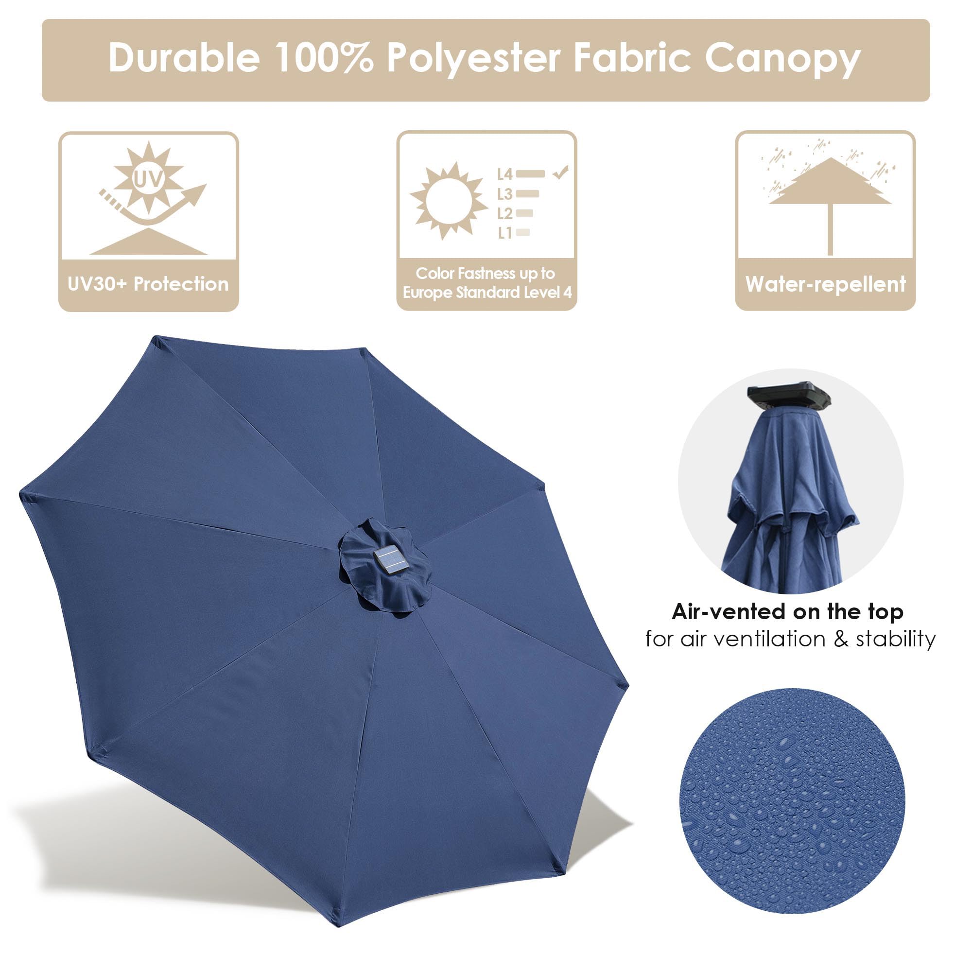 Yescom 9FT 8 Ribs Solar Powered Patio Umbrella with Tilt and Crank Outdoor Market Table Umbrella for Backyard Pool Night Party Event Yard Navy