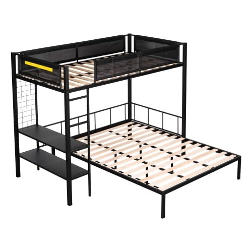 AnwickNomo Modern Metal Twin Over Full Bunk Beds,L-Shaped Bunk Bed Frame w/Full-Length Guardrails&Ladder, Loft Bed w/Book Shelves & Grid Panel for Boys Girls Teens, Noise-Free, (Black I)