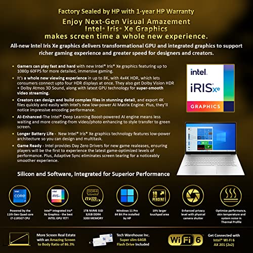 HP Envy 17T 2022 Laptop, i7-1195G7 11th gen, 32GB RAM, 1 TB NVMe SSD, 17.3" FHD Touch, Thunderbolt 4, Win 11 PRO, WiFi 6, B&O Audio, USB-A, Intel Xe Graphics, Silver, 64GB Tech Warehouse Flashdrive