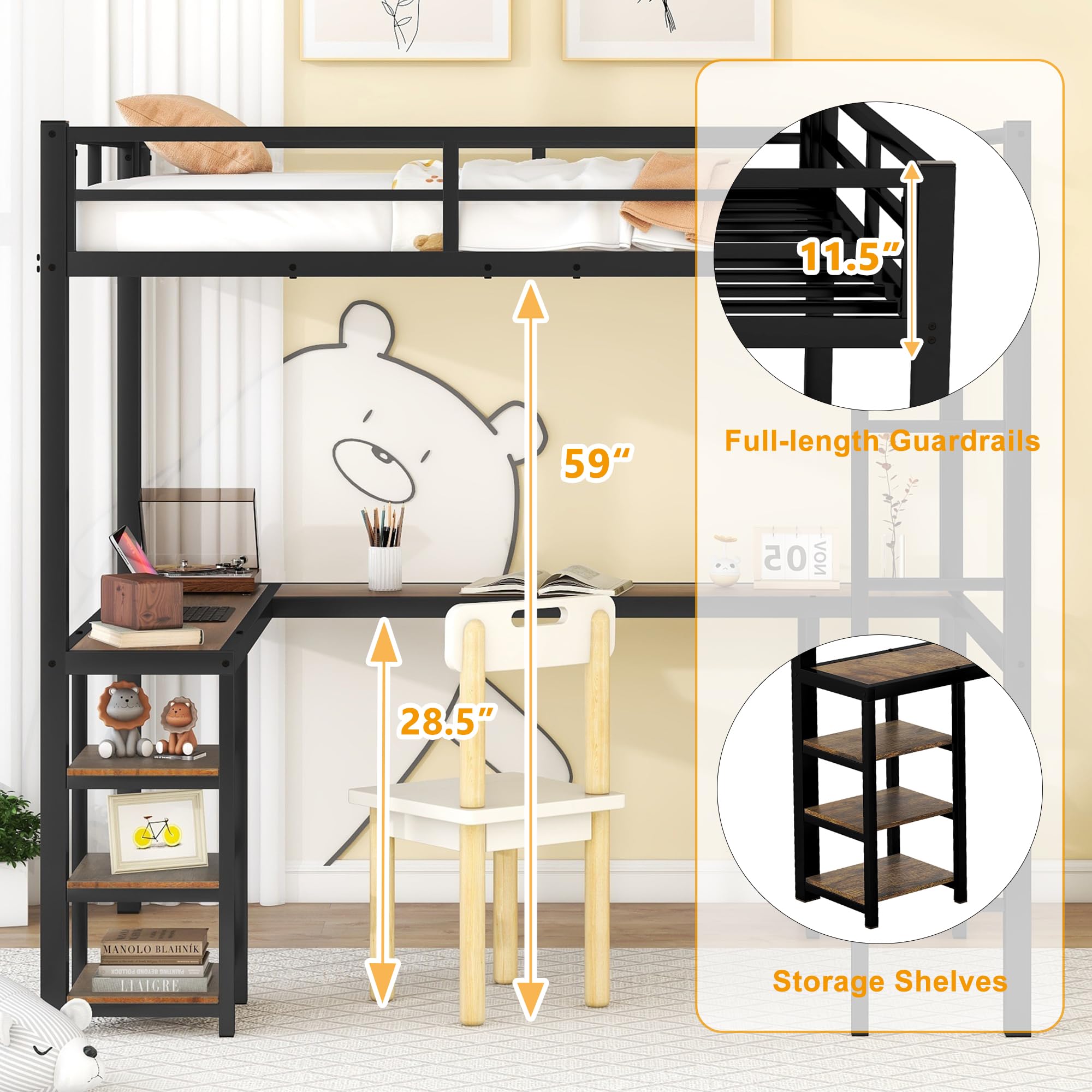 Bellemave Full Size Loft Bed with L Shaped Desk,Metal Frame Loft Bed Full with Storage Shelves,Heavy Duty Metal Loft Bed for Kids,Teens, Noise Free,Black
