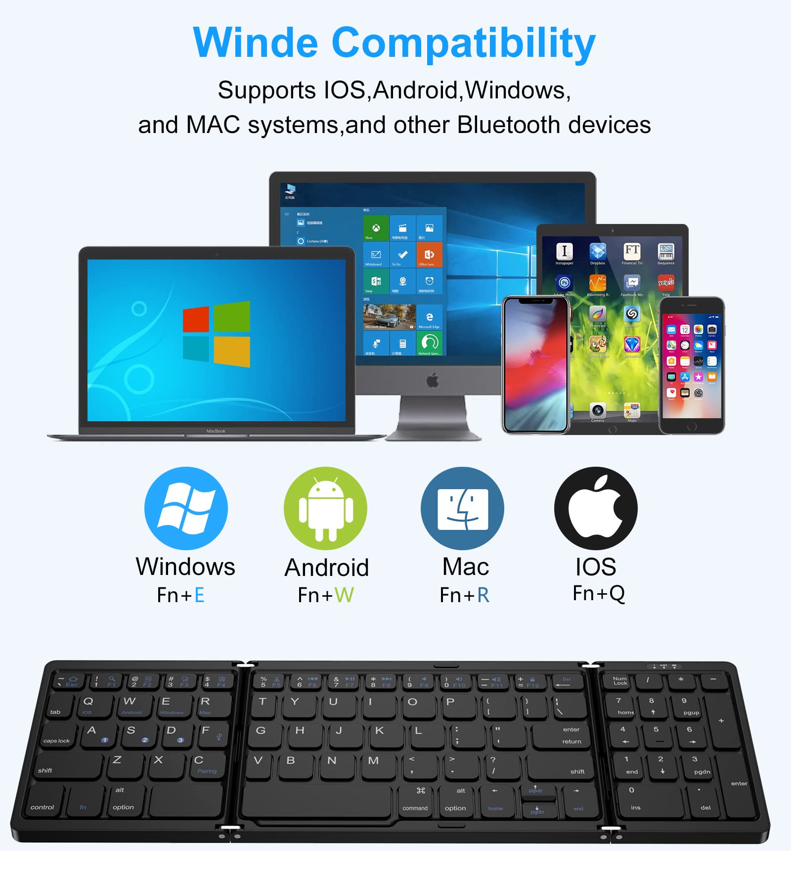 Erkovia Foldable Bluetooth Keyboard, Wireless Portable Keyboard with Numeric Keypad, Dual Modes Bluetooth/USB Wired Travel Keyboard for iOS/MacOS, Android, Windows Device(Not Full Size)