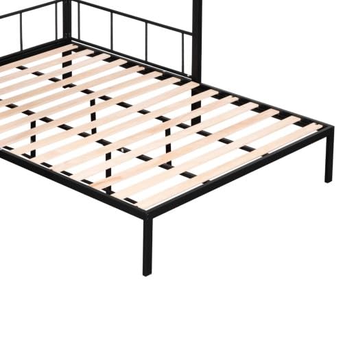 AnwickNomo Modern Metal Twin Over Full Bunk Beds,L-Shaped Bunk Bed Frame w/Full-Length Guardrails&Ladder, Loft Bed w/Book Shelves & Grid Panel for Boys Girls Teens, Noise-Free, (Black I)