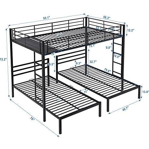 GLORHOME Meta L Shaped Triple Bed, Solid Full Over Twin&Twin Bunk Bedframe with Built-in Shelf and 2 Ladders for 3 Kids Teens