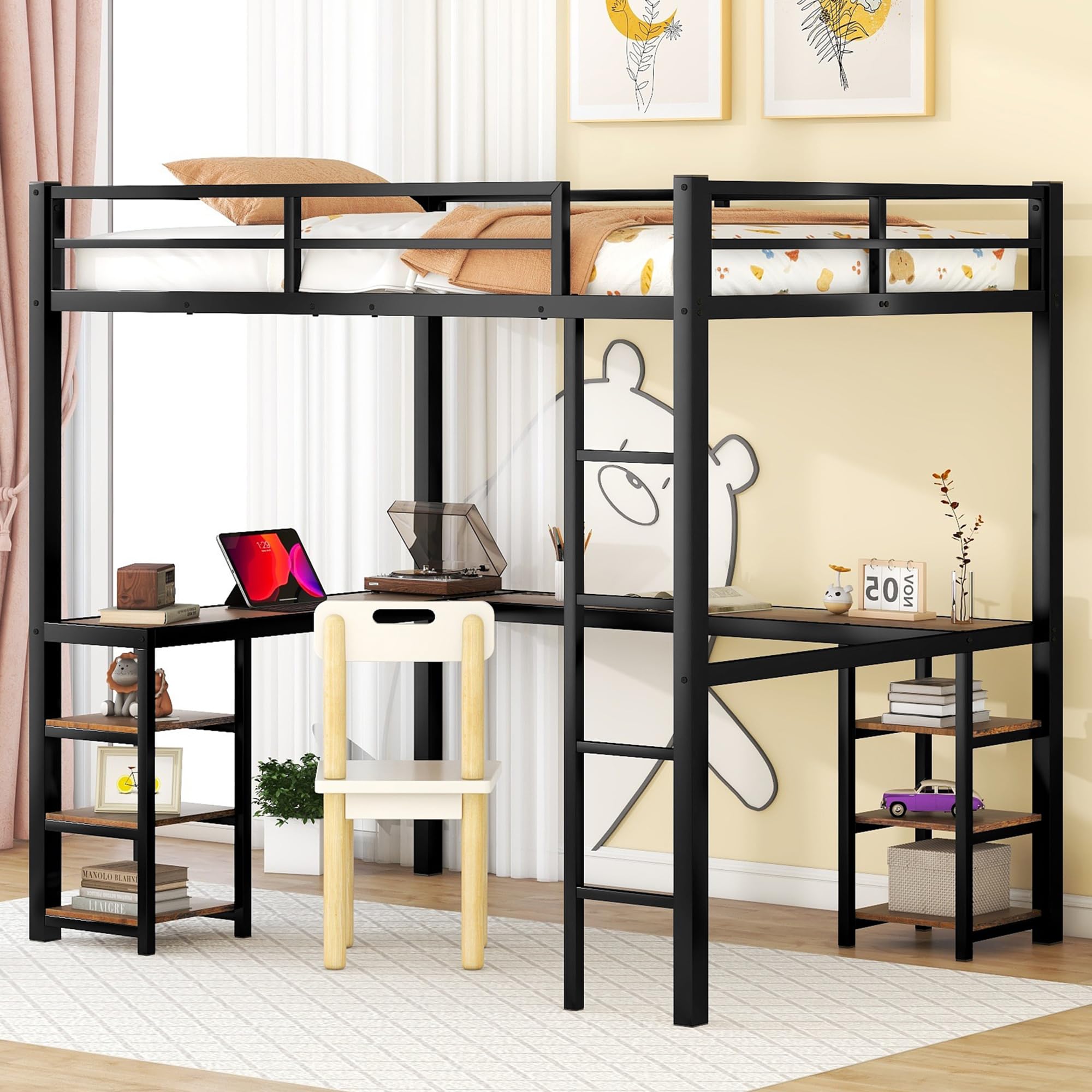 Bellemave Full Size Loft Bed with L Shaped Desk,Metal Frame Loft Bed Full with Storage Shelves,Heavy Duty Metal Loft Bed for Kids,Teens, Noise Free,Black