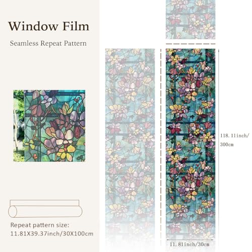funlife Double-Sided Privacy Floral Stained Glass Window Film, Removable Frosted Texture Flower Static Window Cling Glass Covering Window Decor Suitable for Entryway, Blue Magnolia 11.8"X118"