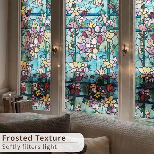 funlife Double-Sided Privacy Floral Stained Glass Window Film, Removable Frosted Texture Flower Static Window Cling Glass Covering Window Decor Suitable for Entryway, Blue Magnolia 11.8"X118"