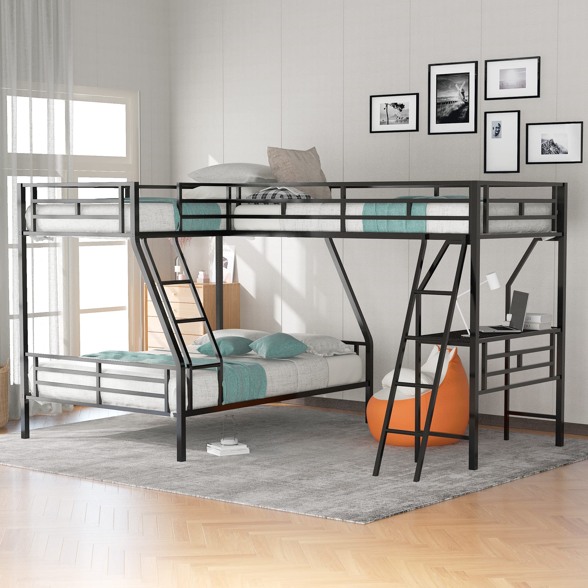 SZUBEE Twin-Over-Full Metal L-Shaped Triple Bunk Bed with a Twin Size Loft Bed & Desk, Space Saving Bedroom Furniture for Kids Teens, Black