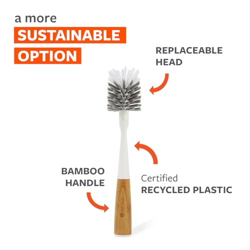 Full Circle Clean Reach Bottle Brush with Replaceable Bristle Brush Head, Bamboo Handle, White