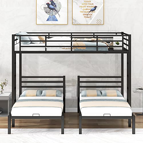 GLORHOME Meta L Shaped Triple Bed, Solid Full Over Twin&Twin Bunk Bedframe with Built-in Shelf and 2 Ladders for 3 Kids Teens
