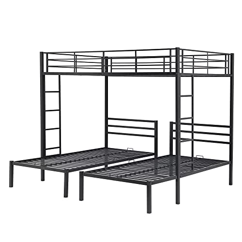 GLORHOME Meta L Shaped Triple Bed, Solid Full Over Twin&Twin Bunk Bedframe with Built-in Shelf and 2 Ladders for 3 Kids Teens