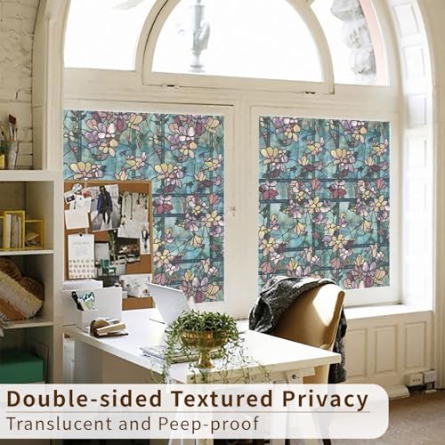 funlife Double-Sided Privacy Floral Stained Glass Window Film, Removable Frosted Texture Flower Static Window Cling Glass Covering Window Decor Suitable for Entryway, Blue Magnolia 11.8"X118"