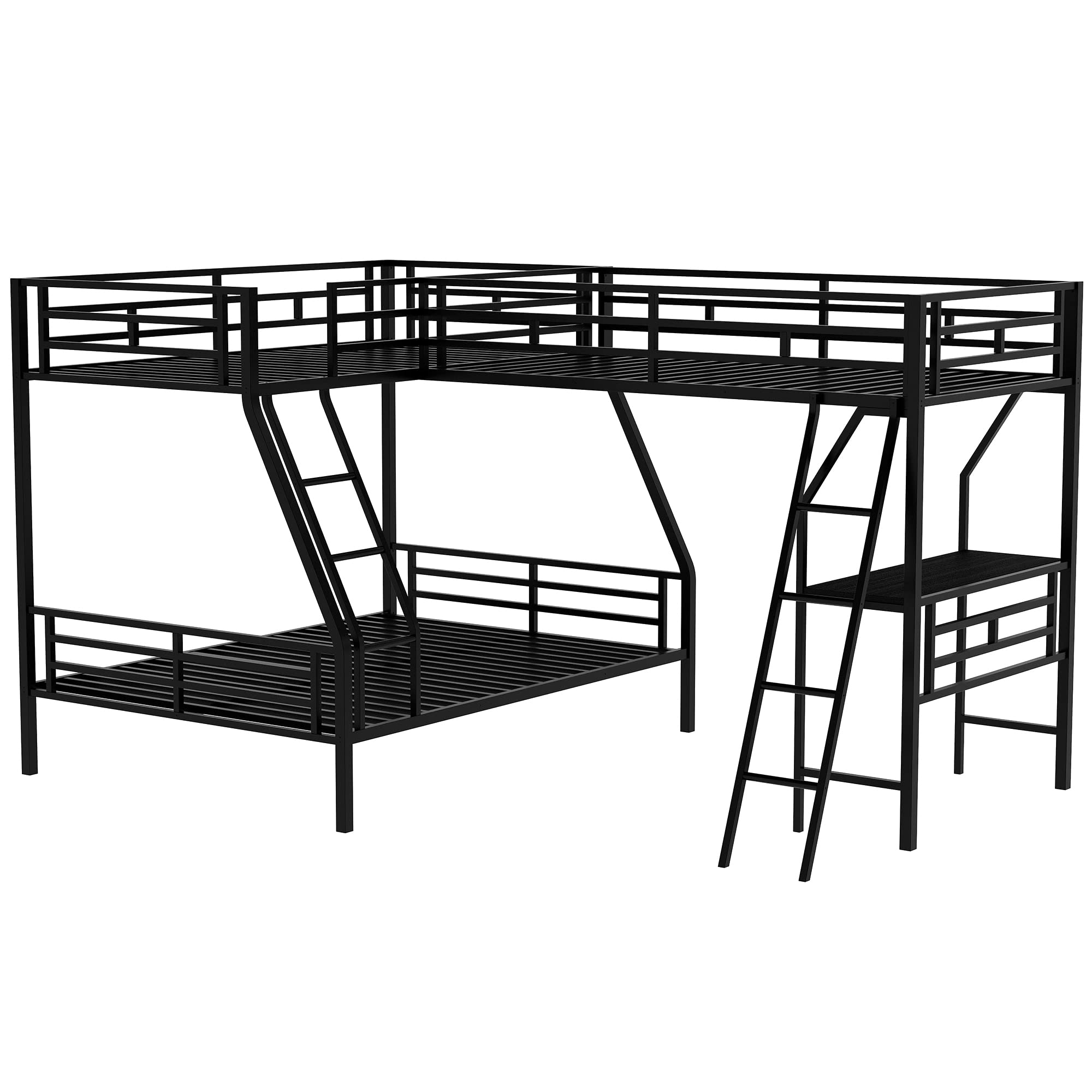 SZUBEE Twin-Over-Full Metal L-Shaped Triple Bunk Bed with a Twin Size Loft Bed & Desk, Space Saving Bedroom Furniture for Kids Teens, Black