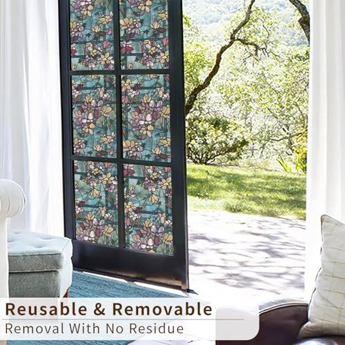 funlife Double-Sided Privacy Floral Stained Glass Window Film, Removable Frosted Texture Flower Static Window Cling Glass Covering Window Decor Suitable for Entryway, Blue Magnolia 11.8"X118"