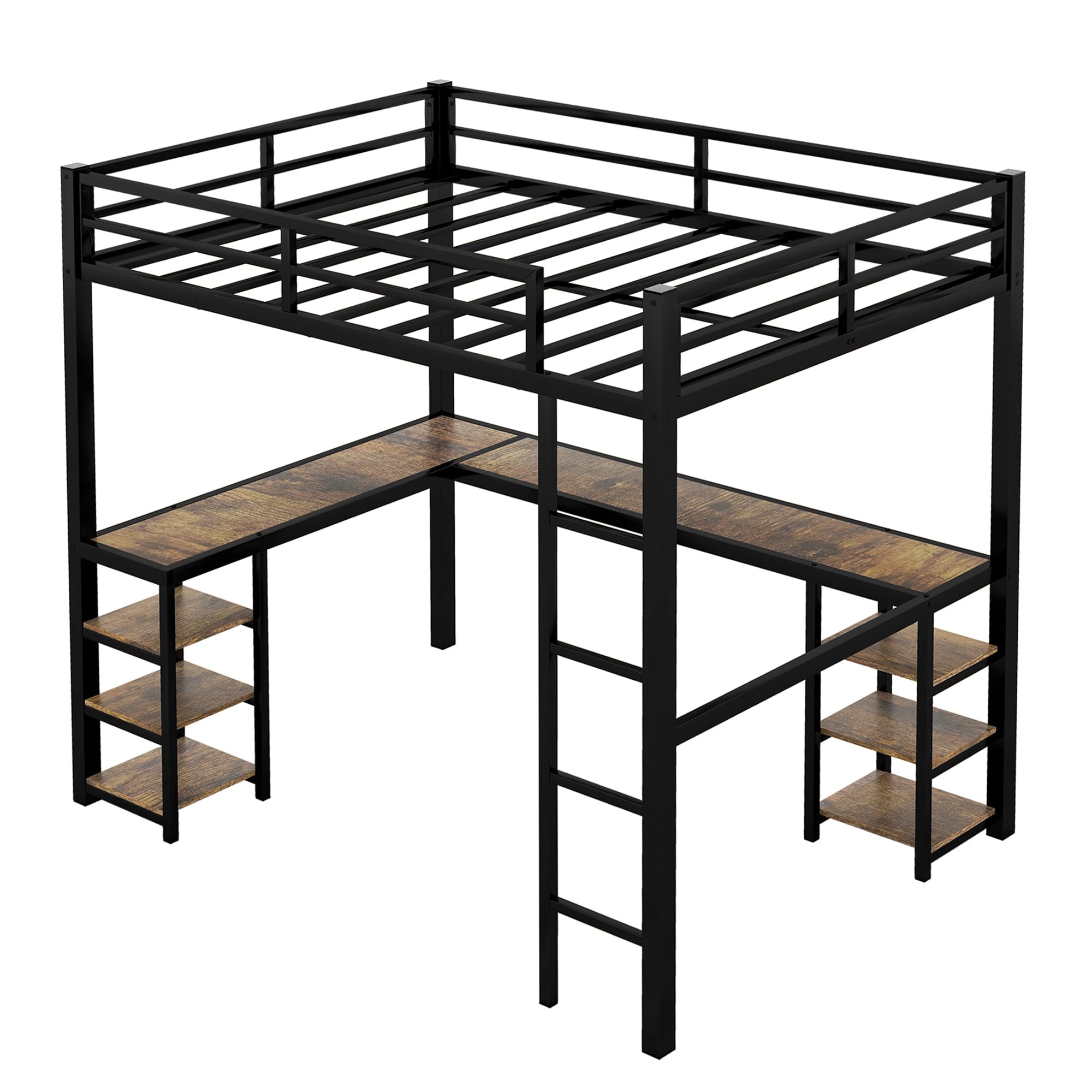 Bellemave Full Size Loft Bed with L Shaped Desk,Metal Frame Loft Bed Full with Storage Shelves,Heavy Duty Metal Loft Bed for Kids,Teens, Noise Free,Black