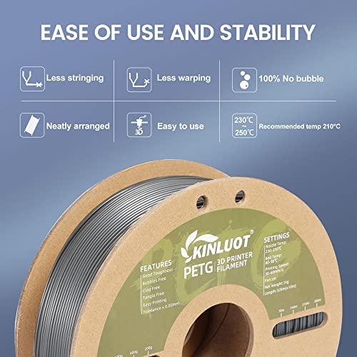 KINLUOT PETG Filament 1.75mm 3D Printer Filament Grey PETG, Easy to Print, Dimensional Accuracy +/- 0.03 mm, 1kg Cardboard Spool (2.2lbs), Fit Most FDM Printer (Gray)