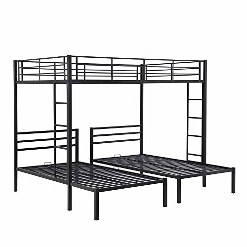 GLORHOME Meta L Shaped Triple Bed, Solid Full Over Twin&Twin Bunk Bedframe with Built-in Shelf and 2 Ladders for 3 Kids Teens
