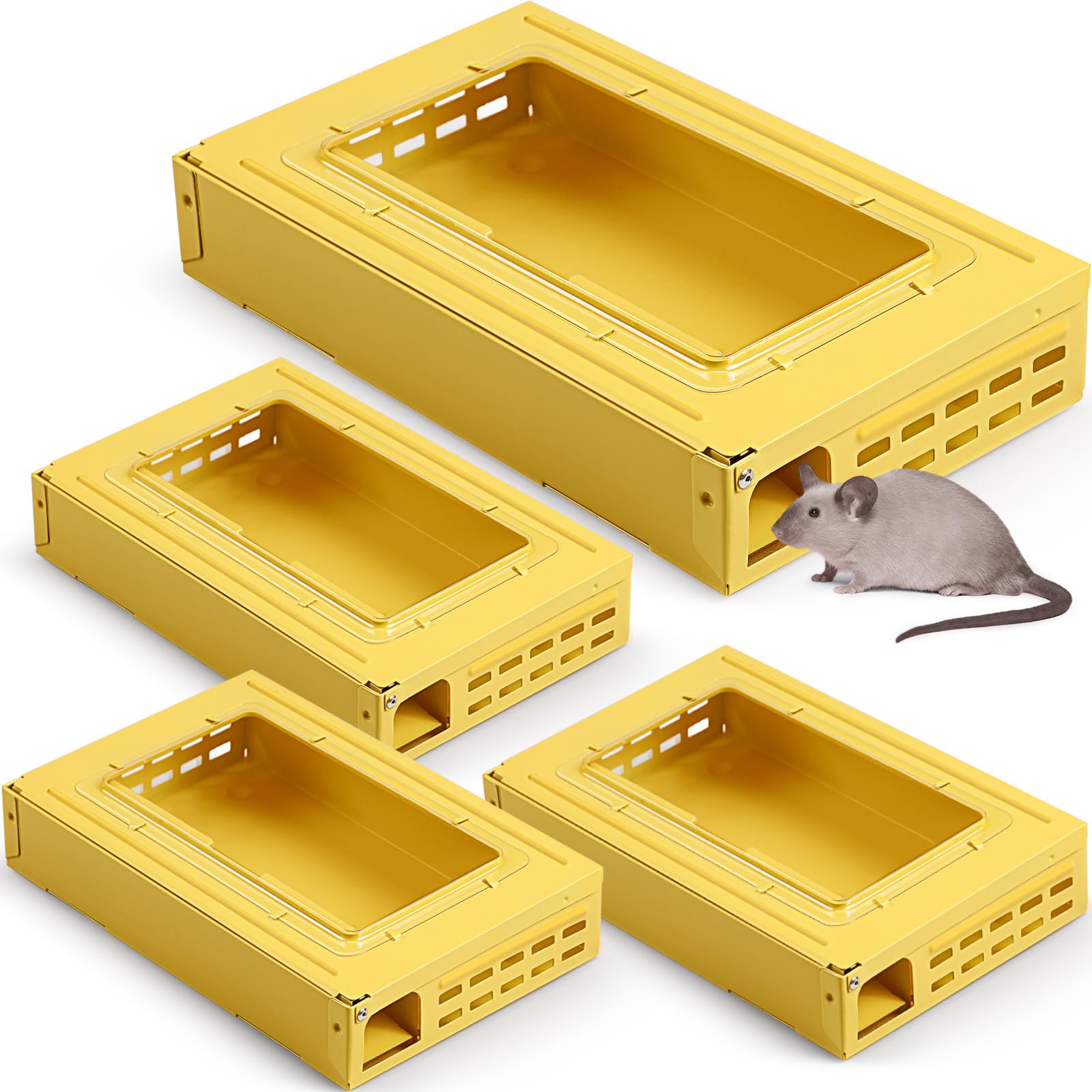 Kittmip 4 Pack Multi Catch Mouse Trap Clear Top Humanized Mouse Trap Reusable Mouse Trap PET and Kids Security for Indoor Outdoor Garage House and Kitchen (Yellow)